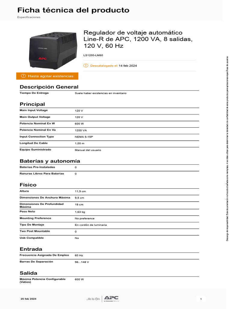 Apc Liner Ls1200-Lm60 | PDF | Cantidades fisicas