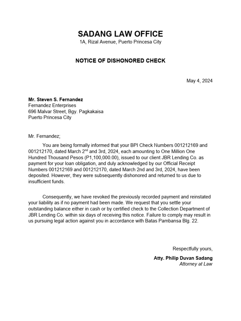 Notice of Dishonored Check & Demand for Payment | PDF | Private Law | Money