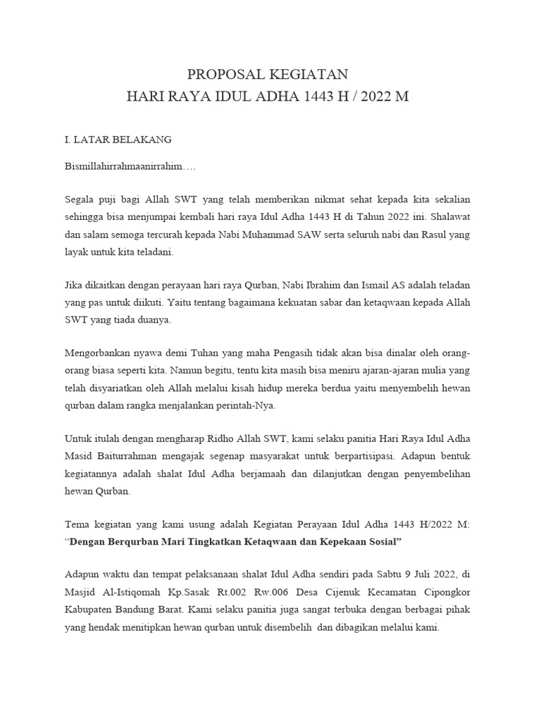Proposal Kegiatan Idul Adha 2022 | PDF