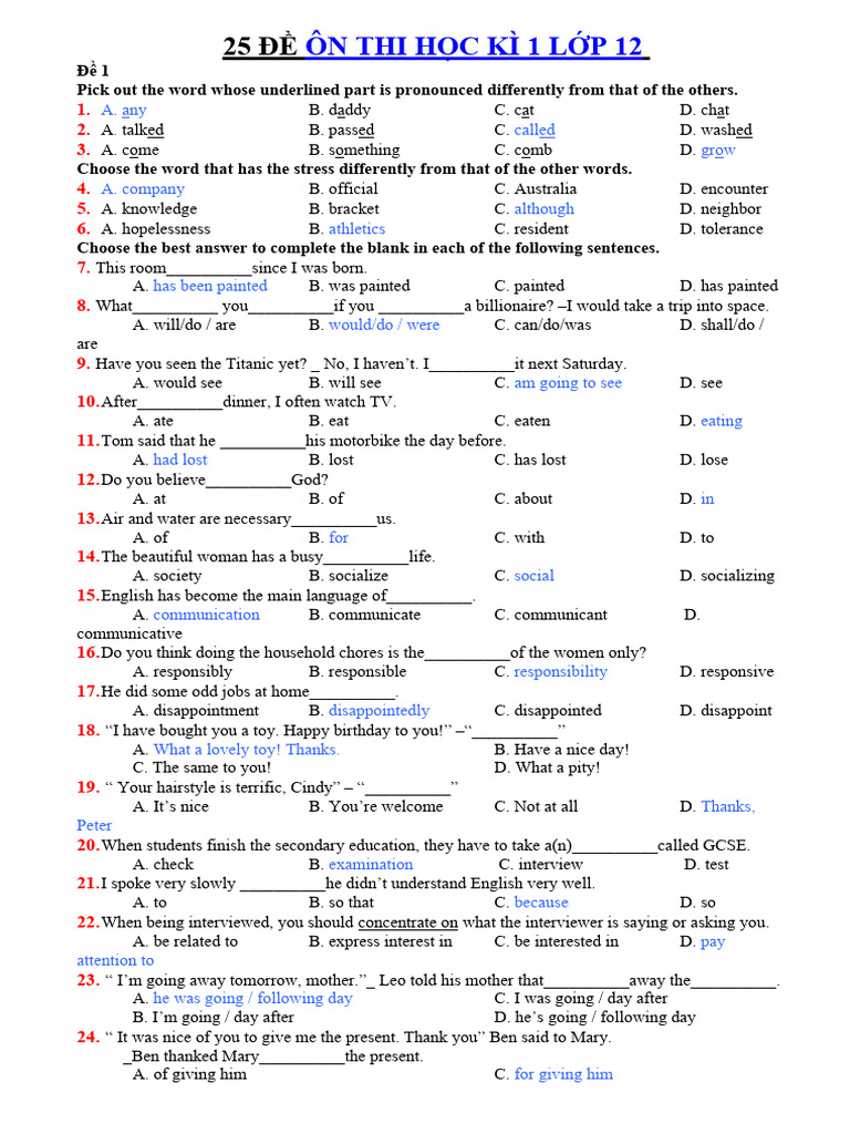 25 de Thi Hk1-Anh 12 | PDF