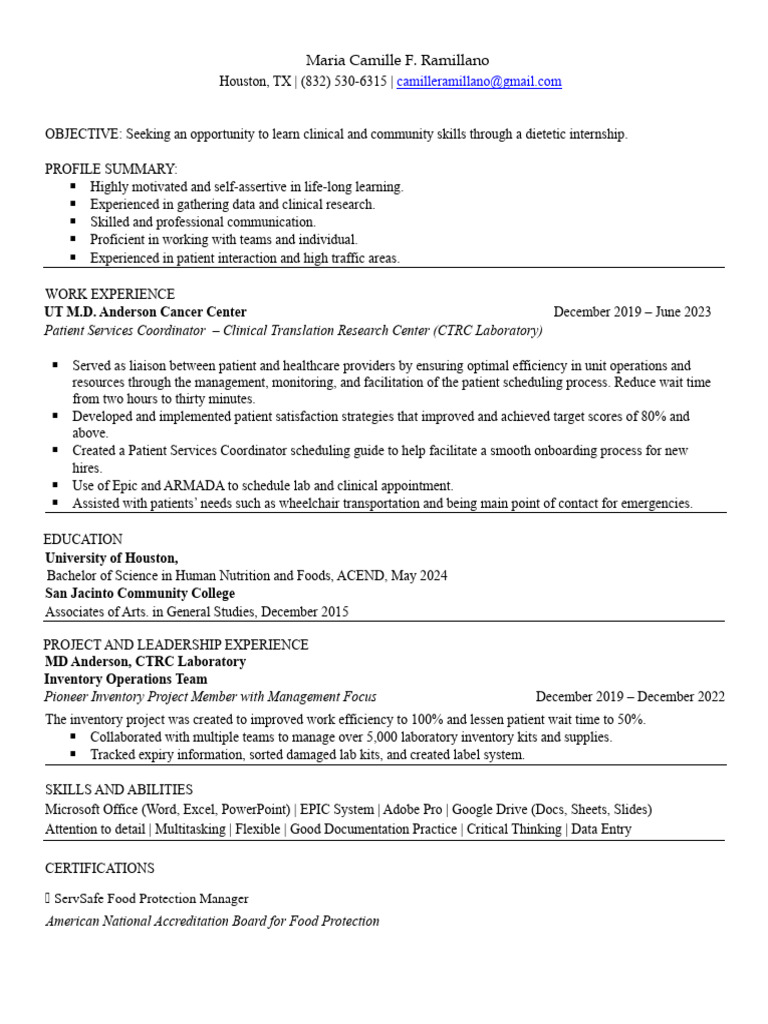 Maria Ramillano Dietetic Resume DI | PDF | Health Care