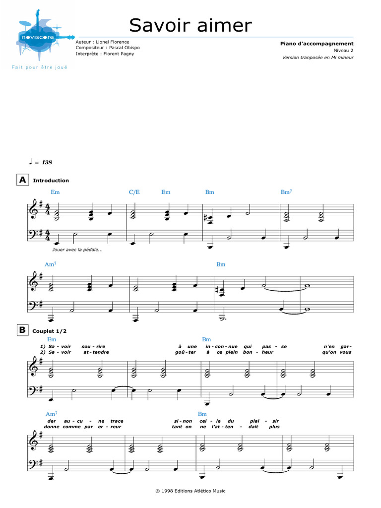 Savoir Aimer Florent Pagny Partitions Piano D Accompagnement Niveau 2 ...