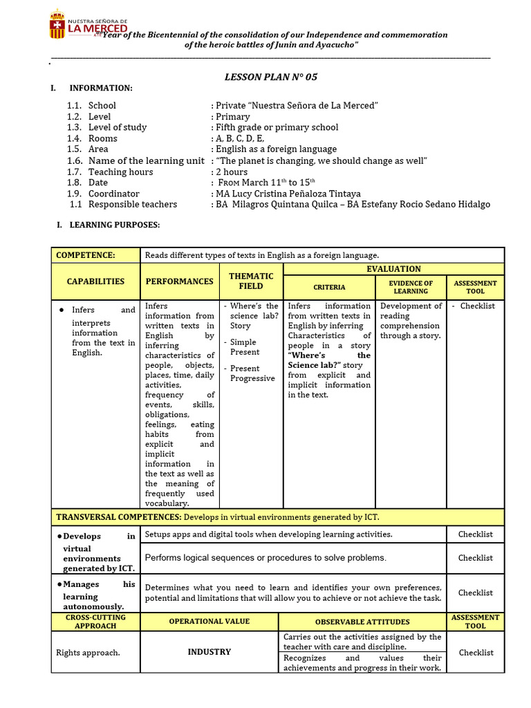 I Term - Lesson Plan 05 - Unit 01 - 5TH Grade | PDF | Educational ...