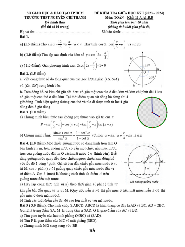 De Giua Hoc Ki 1 Toan 11 Nam 2023 2024 Truong THPT Nguyen Chi Thanh TP HCM | PDF