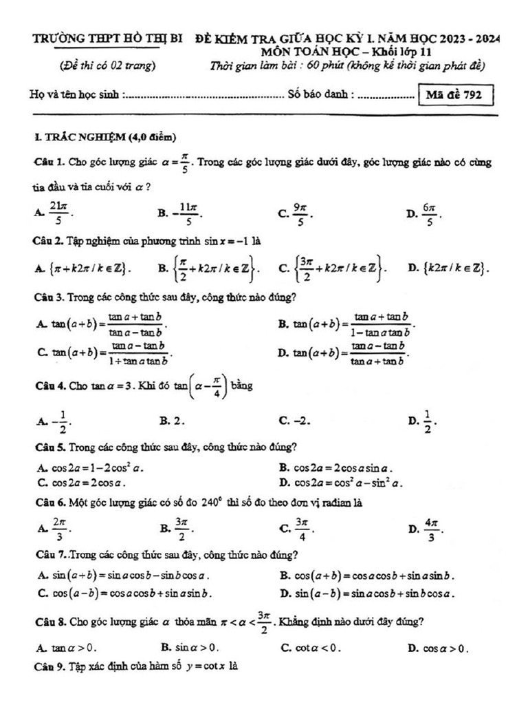 De Giua Hoc Ky 1 Toan 11 Nam 2023 2024 Truong THPT Ho Thi Bi TP HCM | PDF