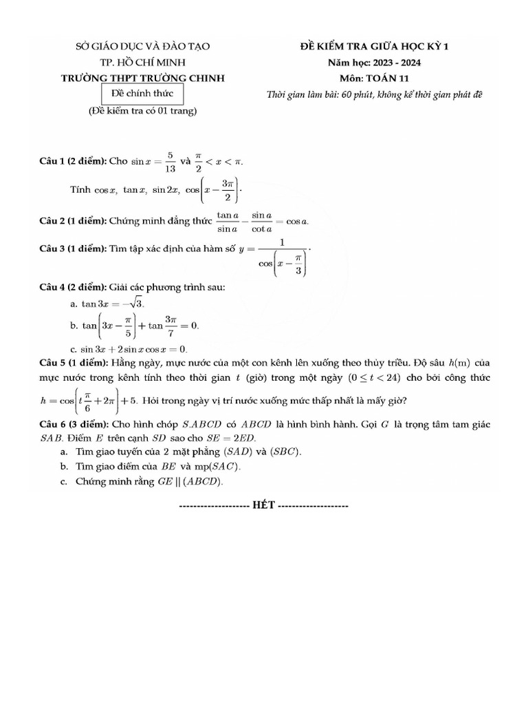 De Giua Hoc Ky 1 Toan 11 Nam 2023 2024 Truong THPT Truong Chinh TP HCM | PDF