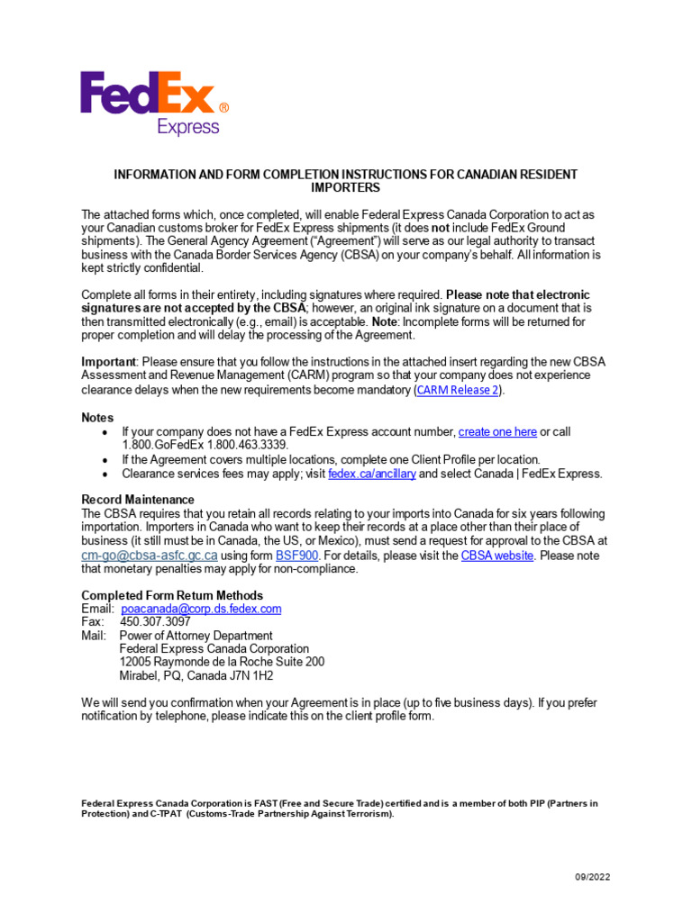 FedEx Canada Power of Attorney Instructions | PDF | Customs | Tax Refund