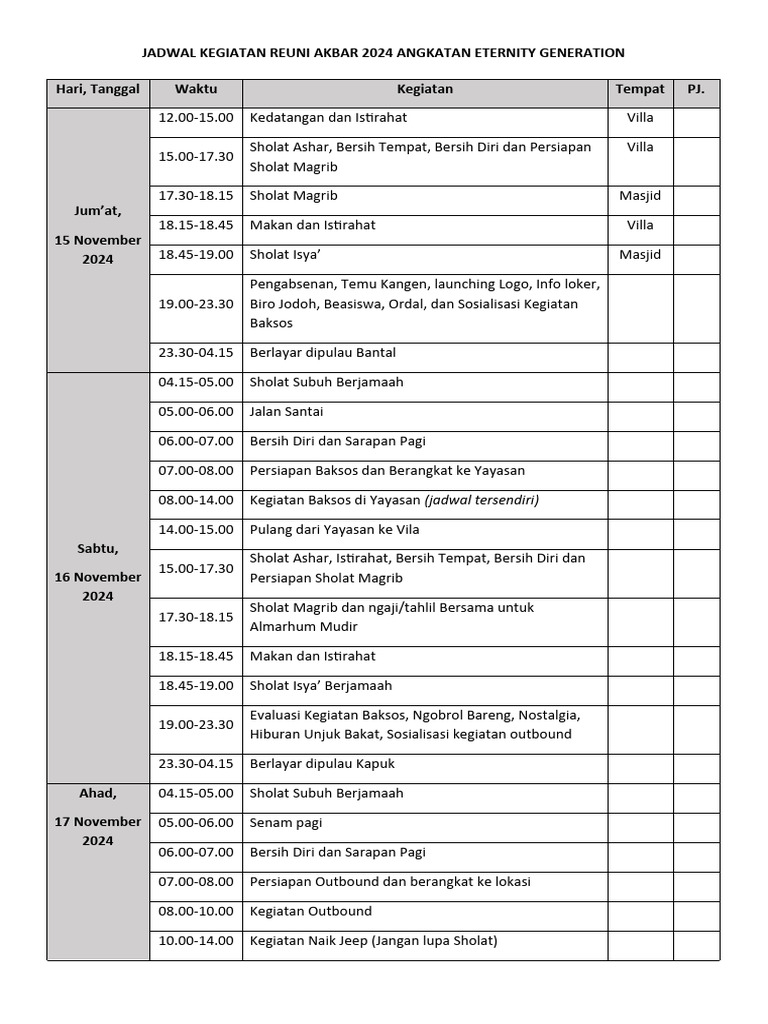 Jadwal Reuni Akbar 2024 Eternity | PDF