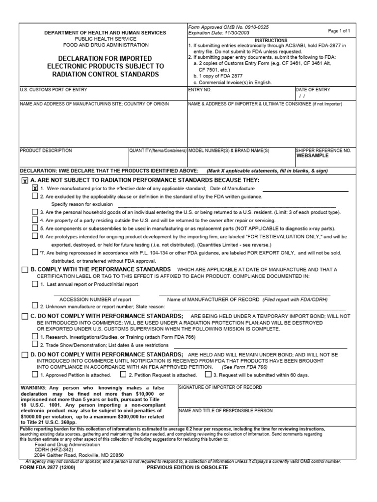 Declaration For Imported Radiation Control Standards Electronic ...