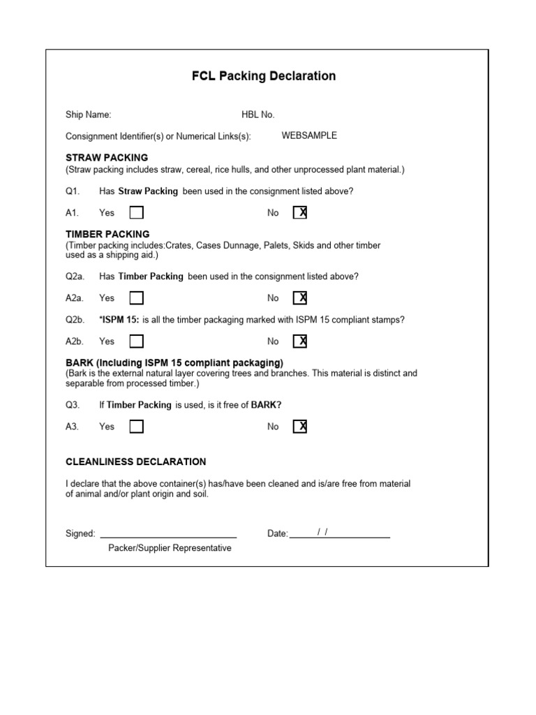 FCL Packing Declaration | PDF | Science & Mathematics