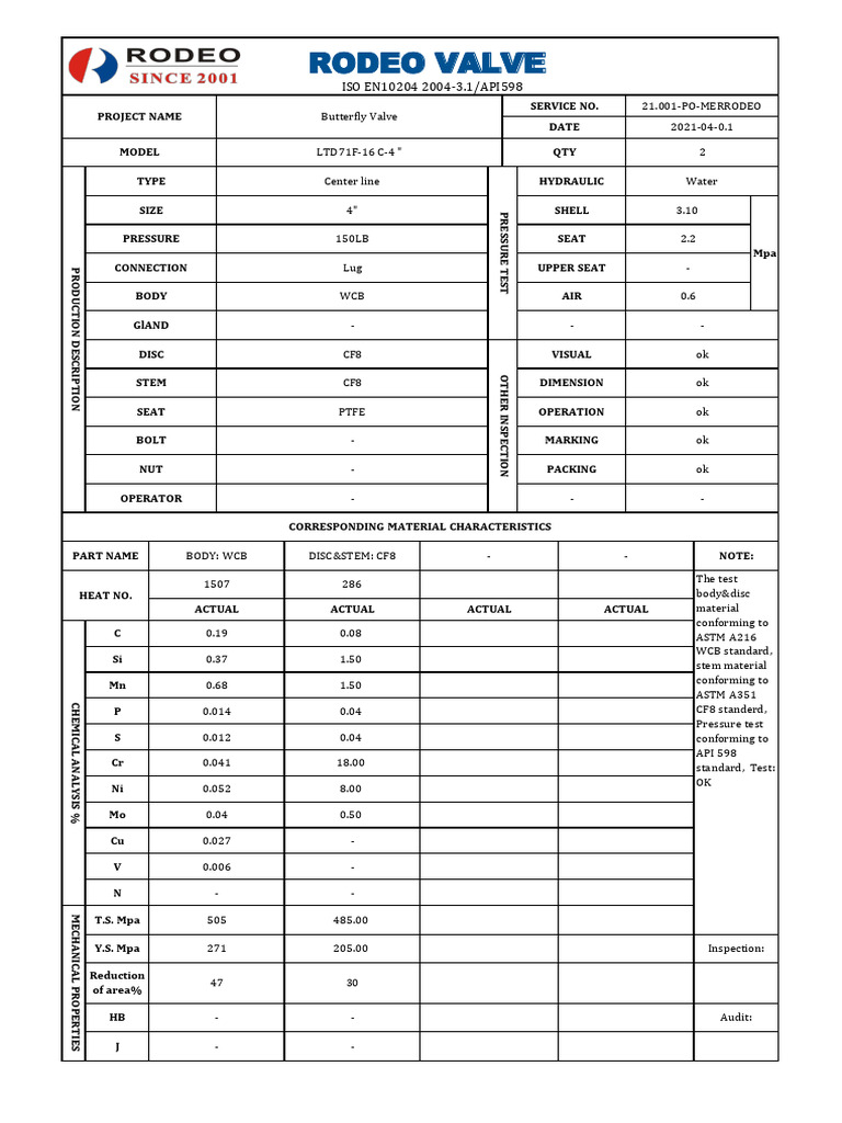 Butterfly valves RODEO Cert of Material test report | Download Free PDF ...