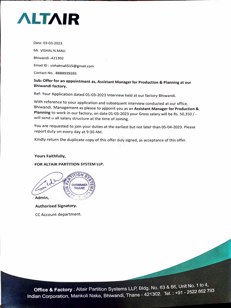 Offer: Assistant Manager Role | PDF
