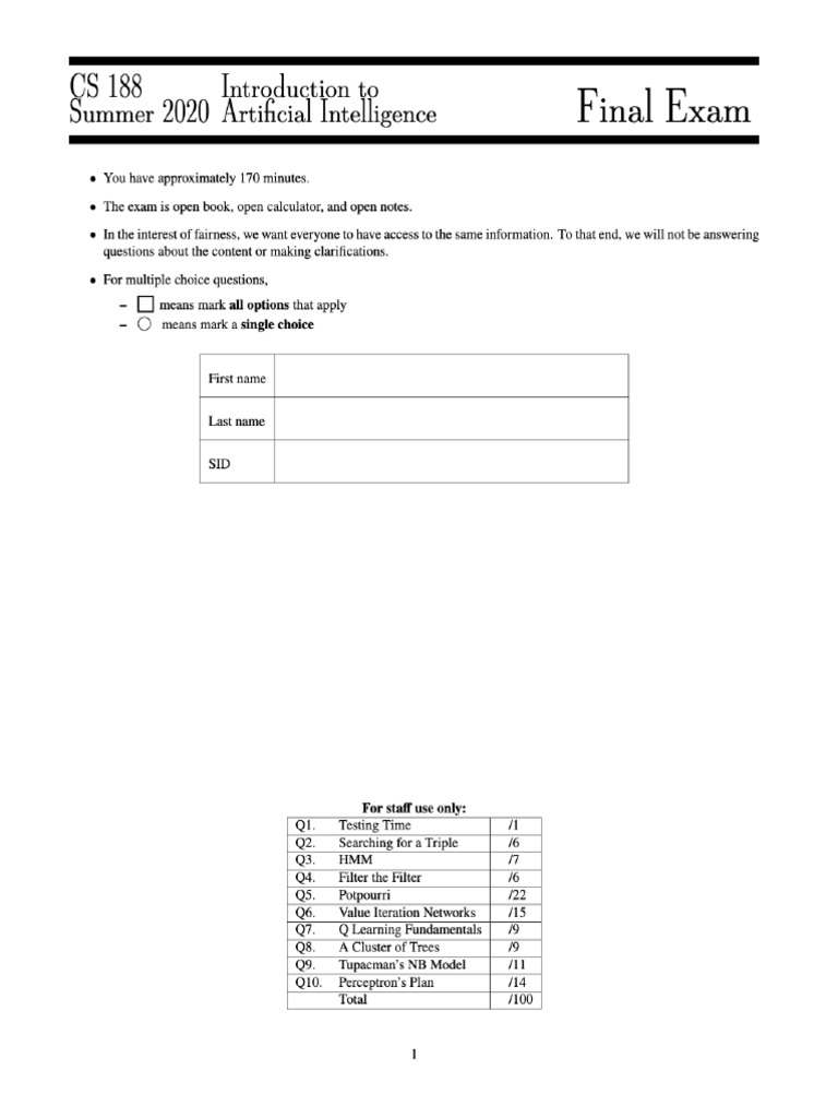 cs188 Su20 Final Sol | PDF
