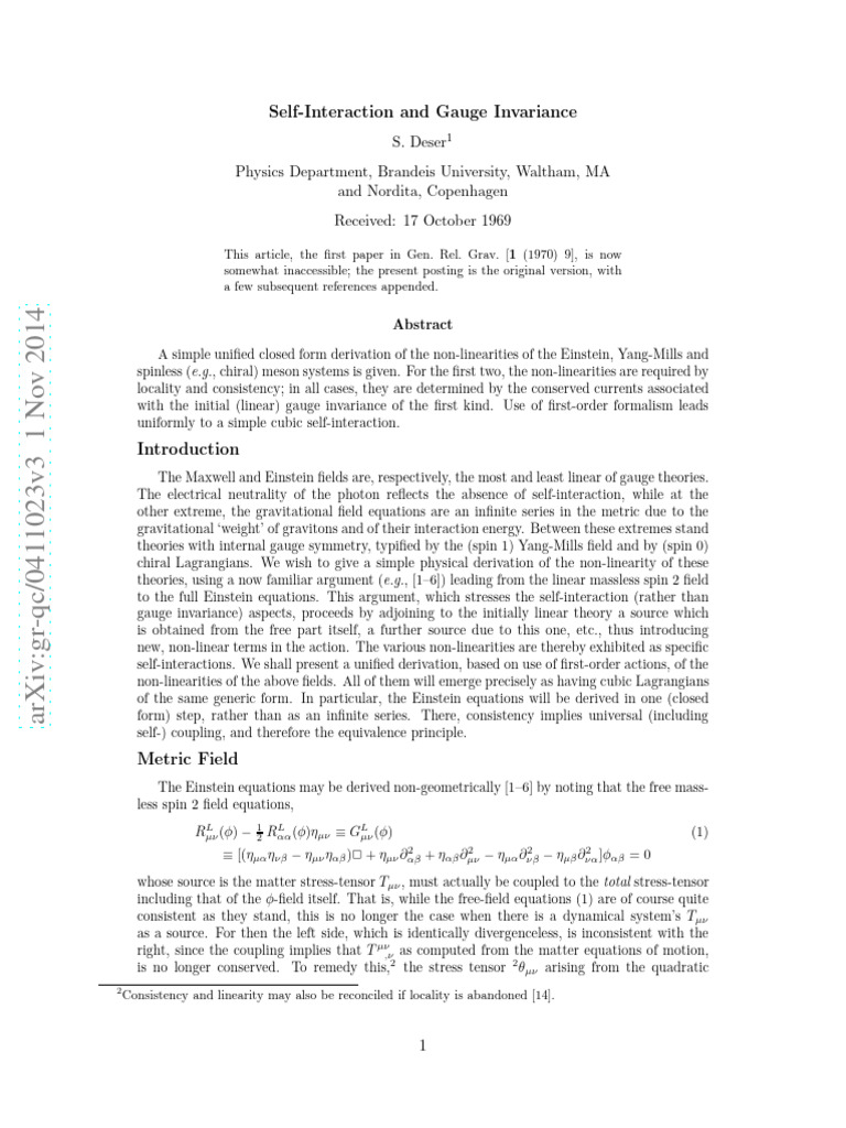 Self-Interaction and Gauge Invariance | PDF | Gauge Theory | Field (Mathematics)