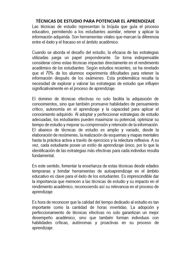 Técnicas de Estudio para Aprender Mejor | PDF | Habilidades de estudio ...