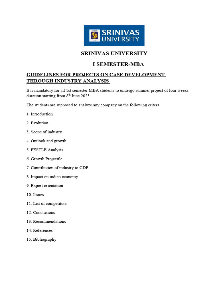 Project Work Guidelines - I Semester MBA | PDF | Economies