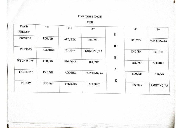 Grade XII H Time Table | PDF