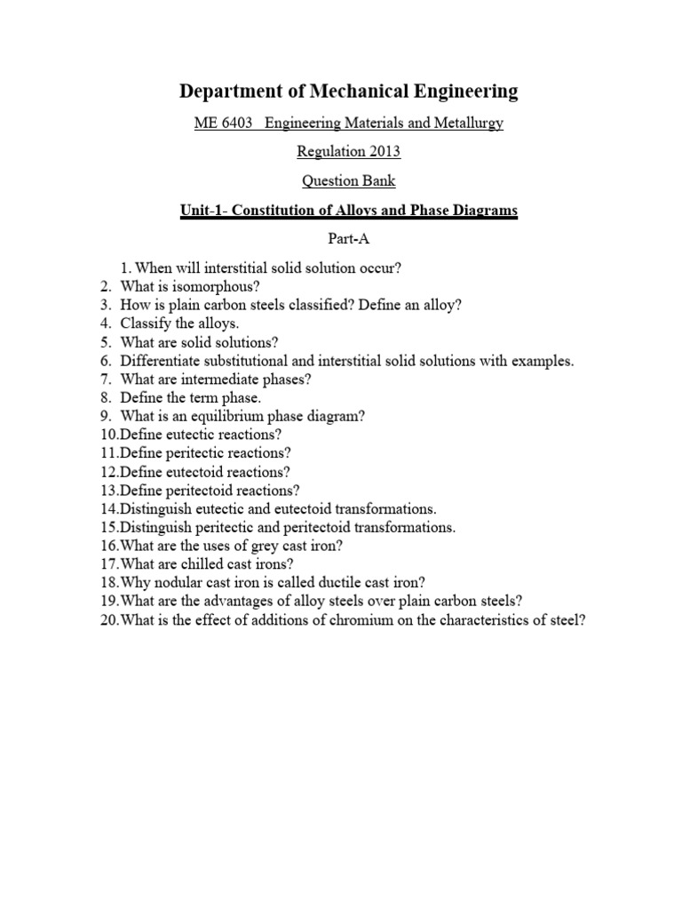 ME6403-Engineering Materials and Metallurgy Question Bank | PDF | Steel | Heat Treating