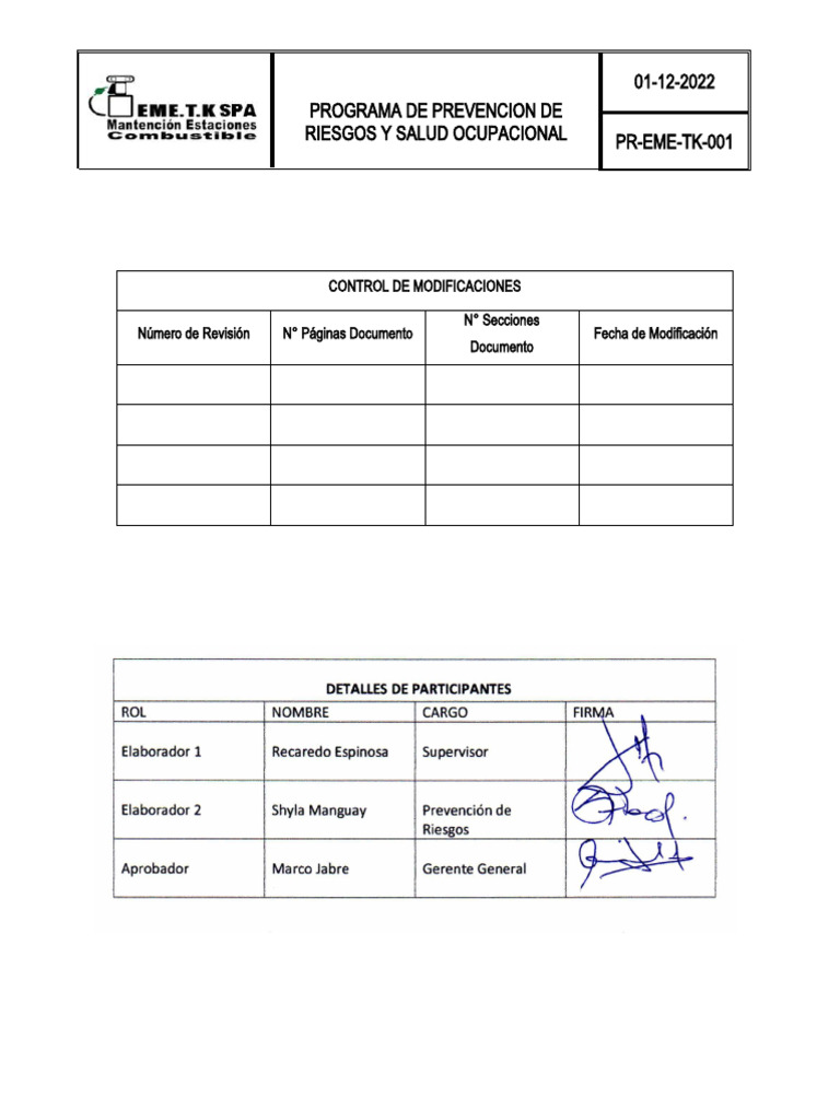 PRO-EME-TK-001 Programa de Prevencion de Riesgos | PDF | Seguridad y salud ocupacional | Business