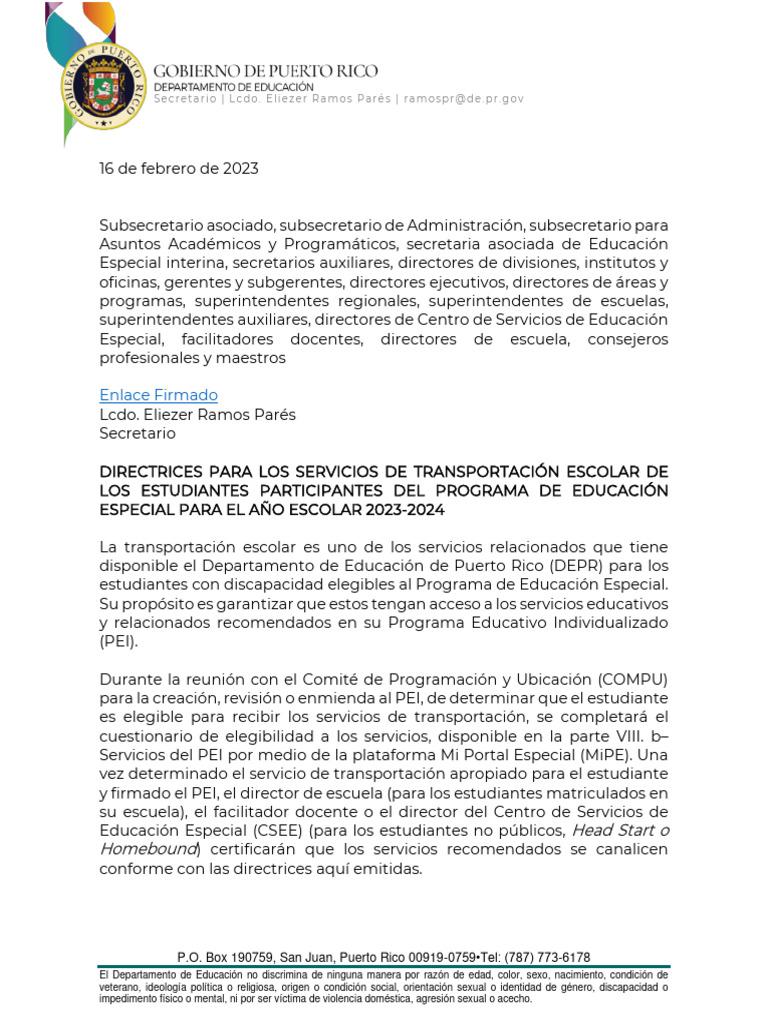 Transportación 2023-2024 | PDF | Escuelas | Educación especial
