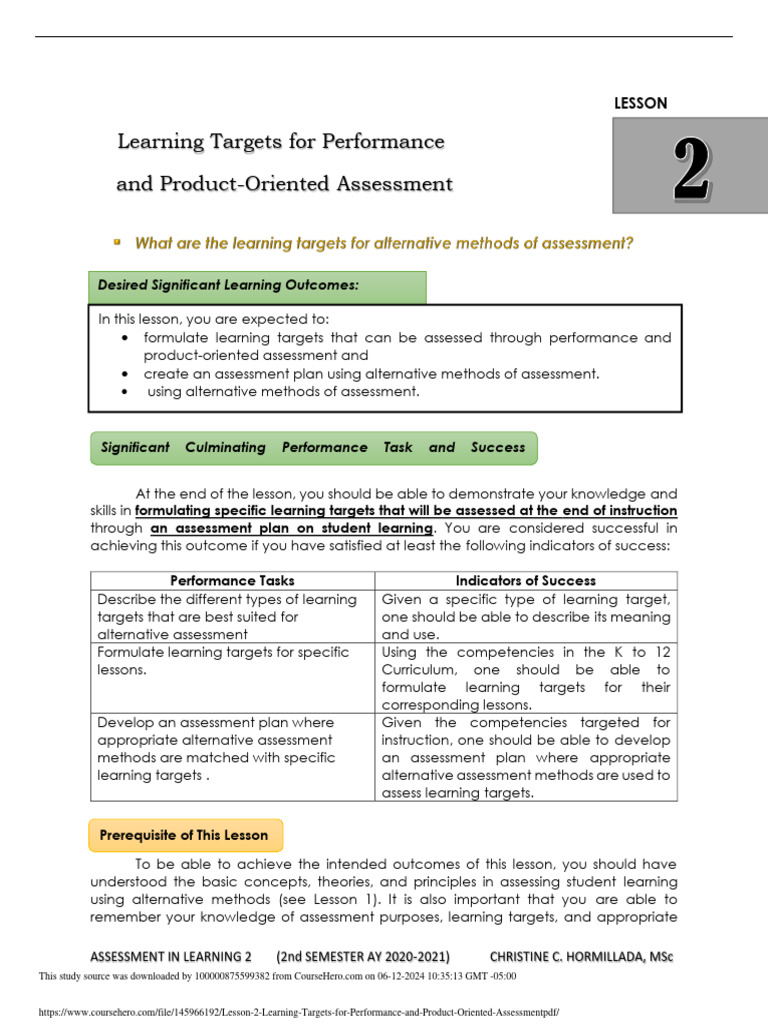 Lesson 2 Learning Targets For Performance and Product Oriented ...