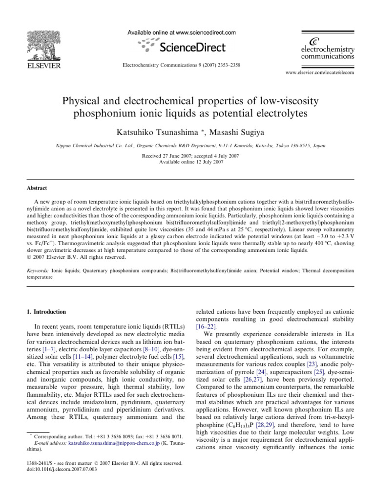 Physical and Electrochemical Properties of Low-Viscosity Phosphonium ...