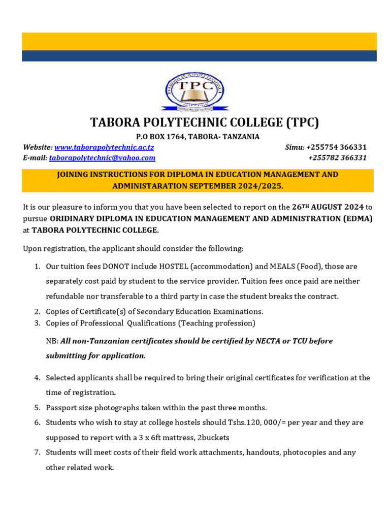 Tabora Polytechnic College Joining Instructions | PDF | Educational Stages