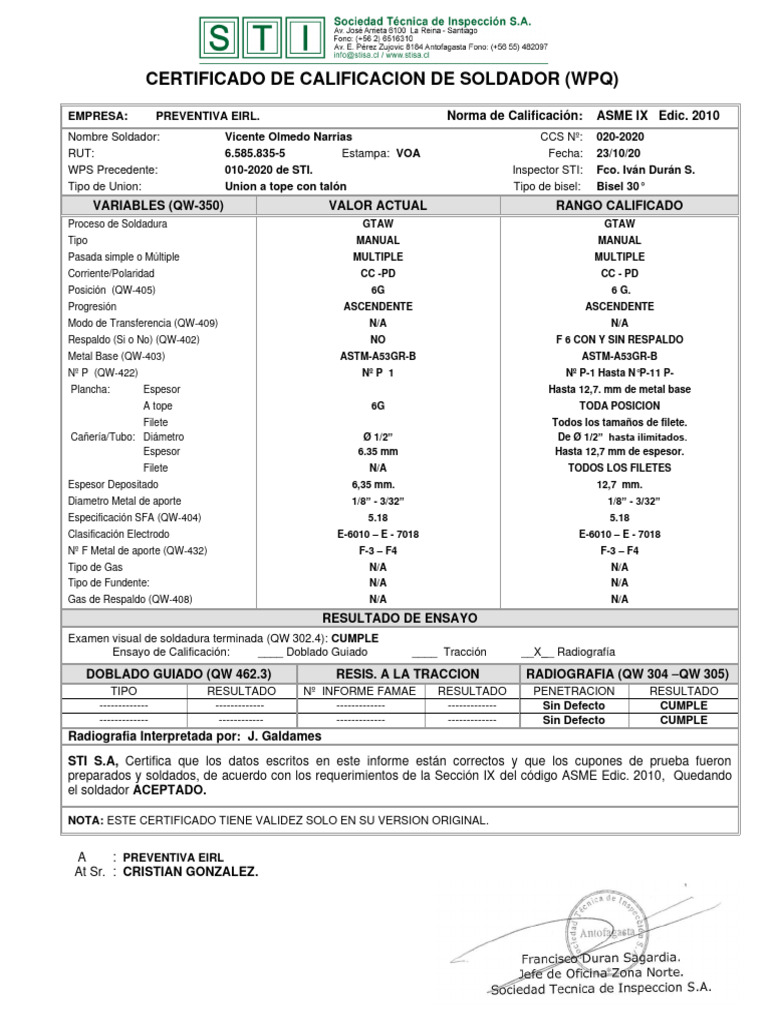 Calificacion Soldadores WPQ #CSS-Nº20-20 PREVENTIVA - SMAW-6G-ASME IX ...