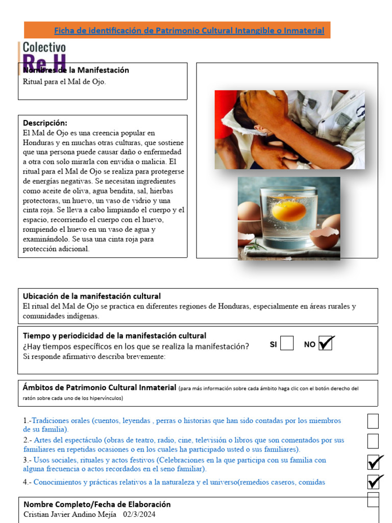 Ficha de Patrimonio Cultural Inmaterial o Intangible Re.H | PDF