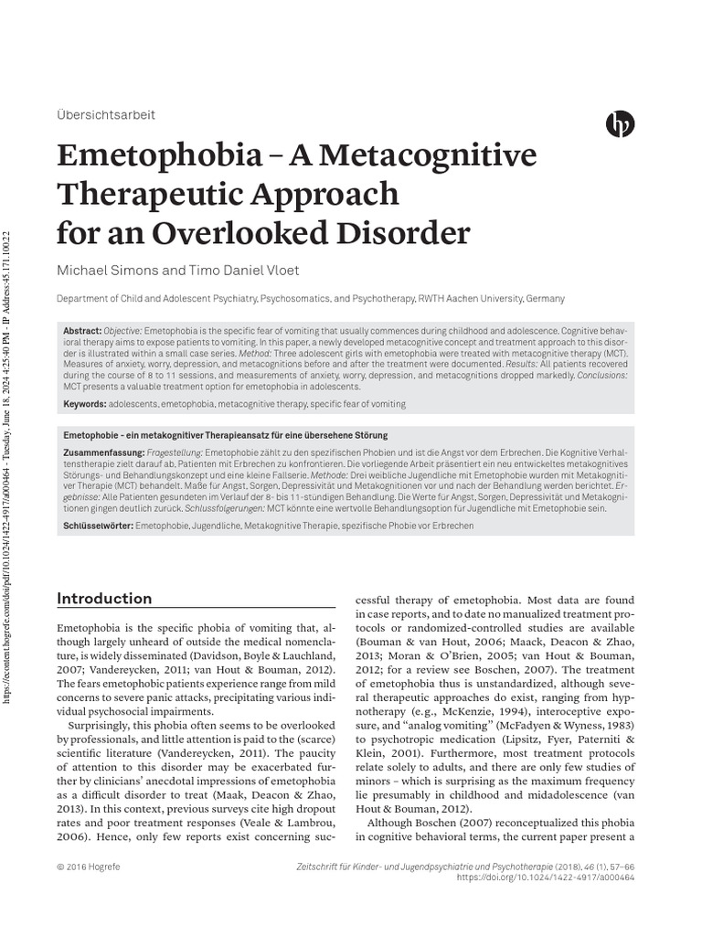 Emetophobia - A Metacognitive Therapeutic Approach for an Overlooked Disorder | PDF | Mental ...