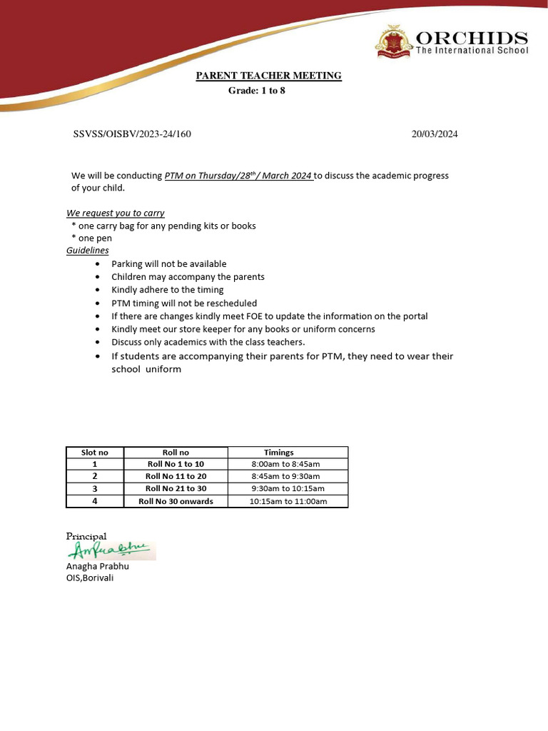 Parent-Teacher Meeting Schedule 2024 | PDF