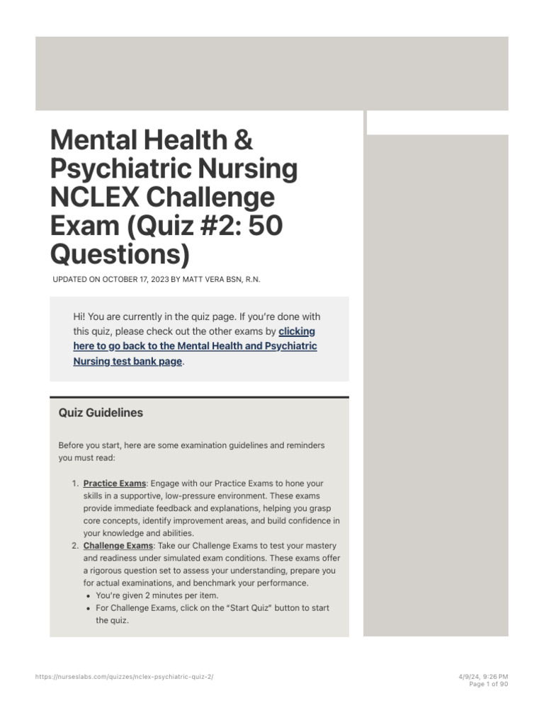 Mental-Health-Psychiatric-Nursing-NCLEX-Challenge-Exam-Quiz-2-50-Questions | Download Free PDF ...