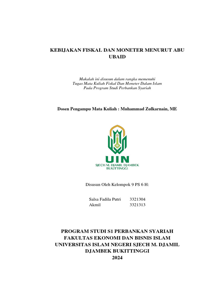 Kelompok 9. Kebijakan Fiskal Dan Moneter Menurut Abu Ubaid | PDF