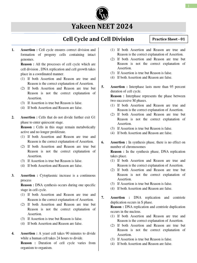 Cell Cycle and Cell Division Practice Sheet 01 Yakeen NEET 2024 | PDF ...
