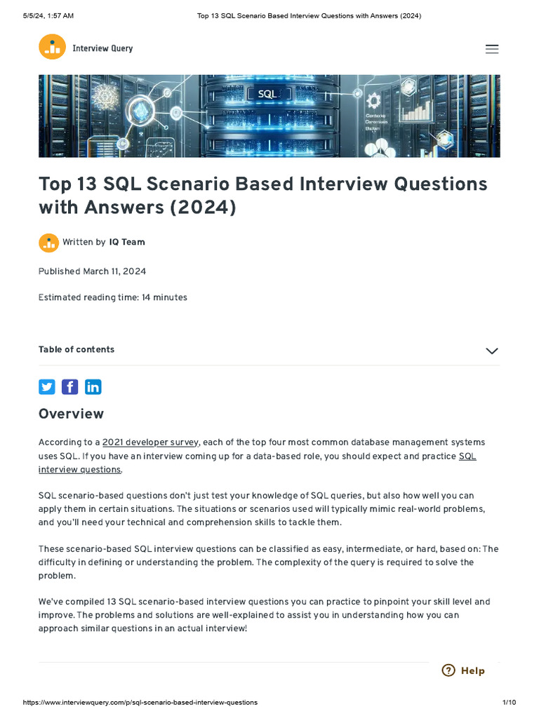 Top 13 SQL Scenario Based Interview Questions With Answers (2024) | PDF ... Top 13 SQL Scenario Based Interview Questions With Answers (2024) | PDF ...