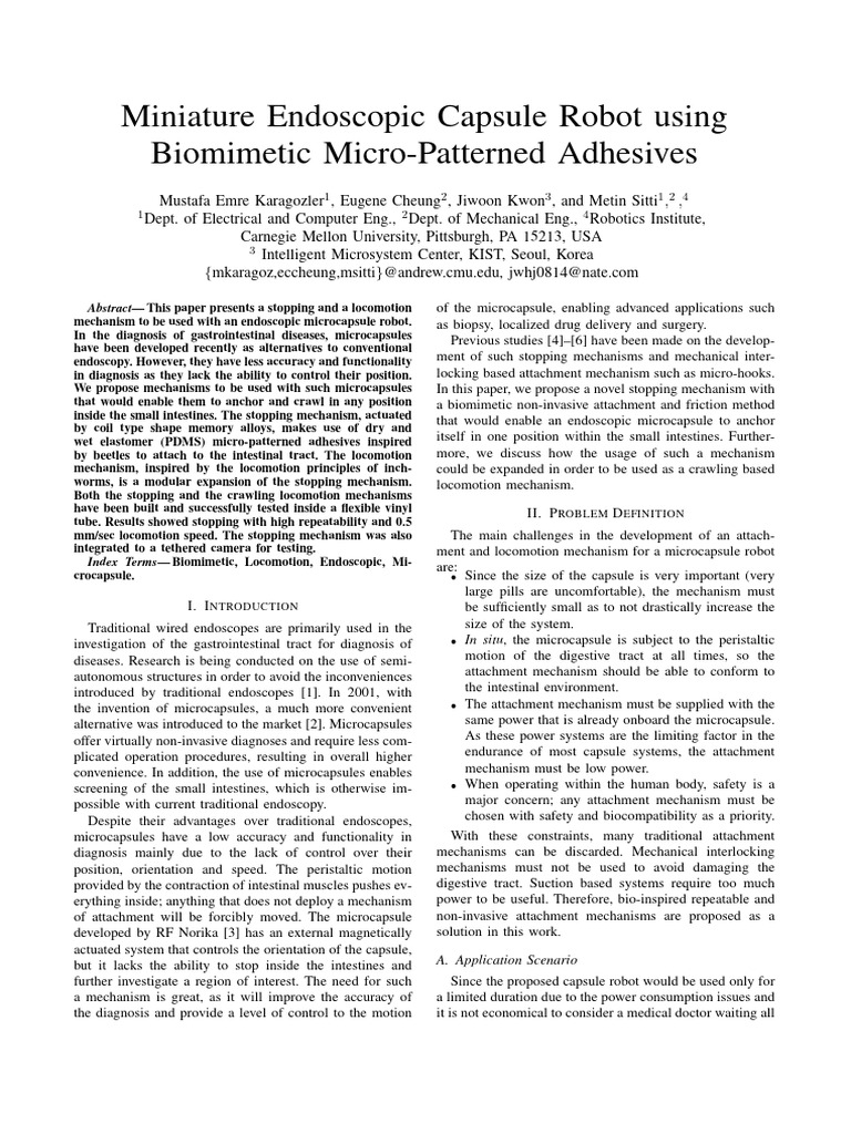 Miniature Endoscopic Capsule Robot Using Biomimetic Micropattern | PDF | Force | Torque