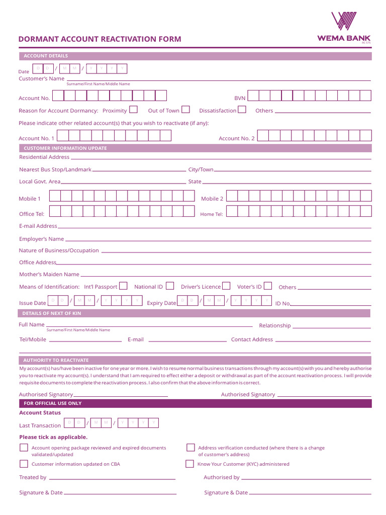 WEMA Account Reactivation Form (2) | Download Free PDF | Identity ...