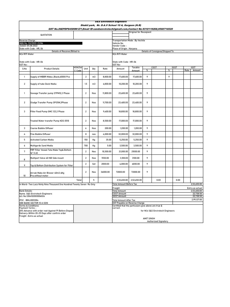 Quotation For STP Equipment | Download Free PDF | Taxation | Payments