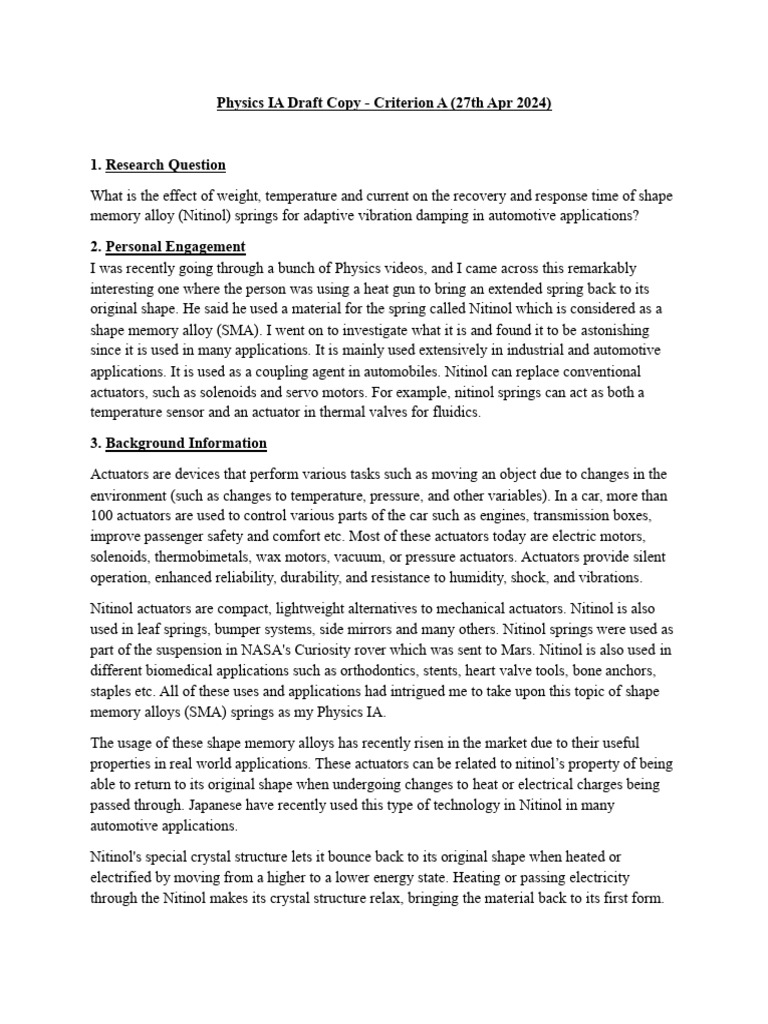 Physics IA Draft Copy - Criterion A 27th Apr 2024 - 1 | PDF | Shape Memory Alloy | Actuator