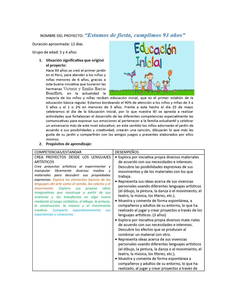 Proyecto 93 Anuversario de Educacion Inicial Completo | PDF | Educación ...