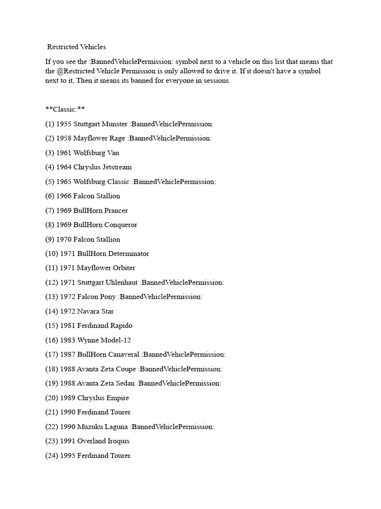 List of Restricted Vehicles | PDF | History