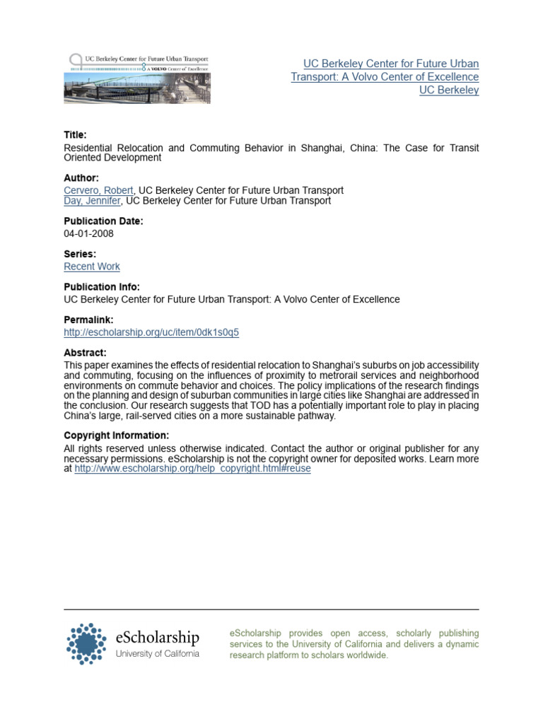 Residential Relocation and Commuting Behavior in Shanghai, China - The ...