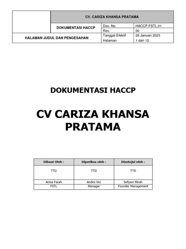 Dokumentasi HACCP CV Cariza Khansa | PDF