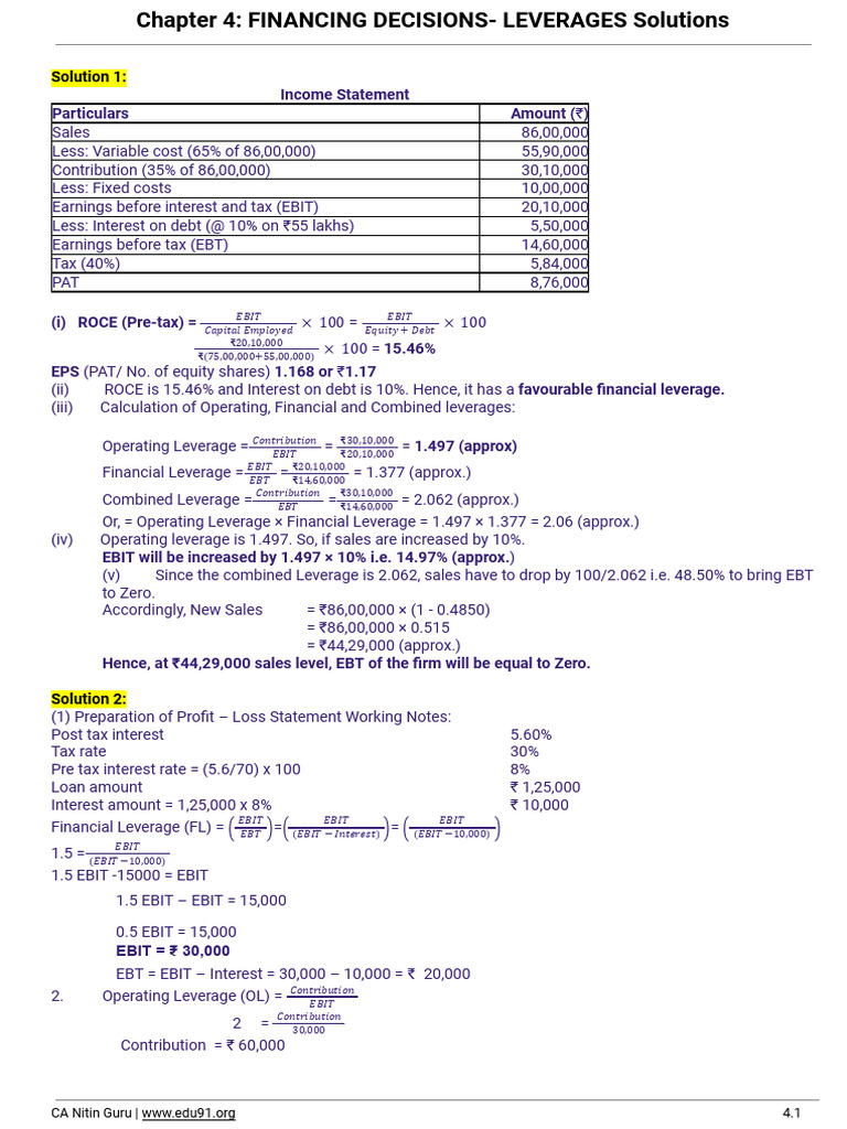01 Leverages Solution Set (Not To Print) | PDF | Leverage (Finance) | Earnings Before Interest ...