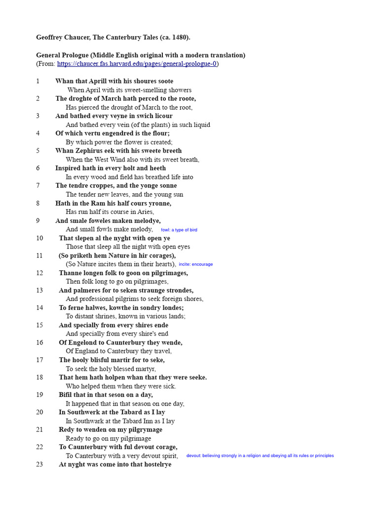 Week 3 Geoffrey Chaucer The Canterbury Tales General Prologue | PDF
