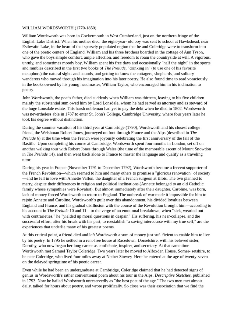 Week 10 William Wordsworth Poems | PDF | William Wordsworth | Samuel ...