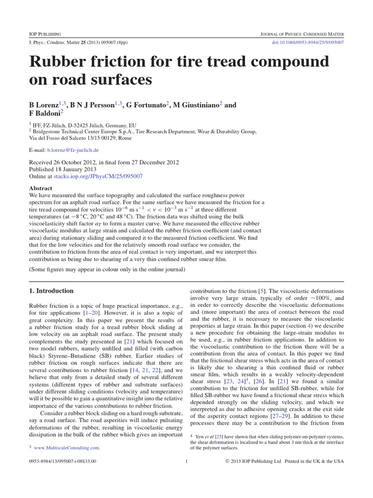 Rubber Friction For Tire Tread Compound On Road Surfaces | PDF | Tire ...