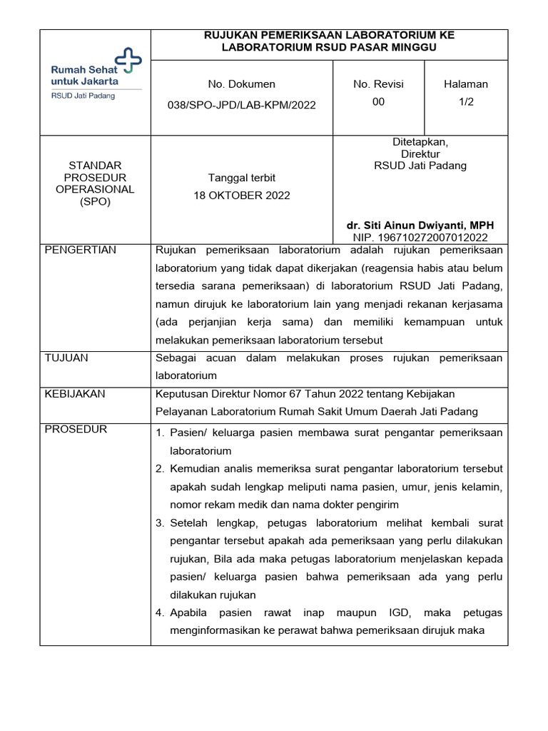 Sop Rujukan Pemeriksaan Laboratorium Ke Lab Rsud Pasar Minggu | PDF ...