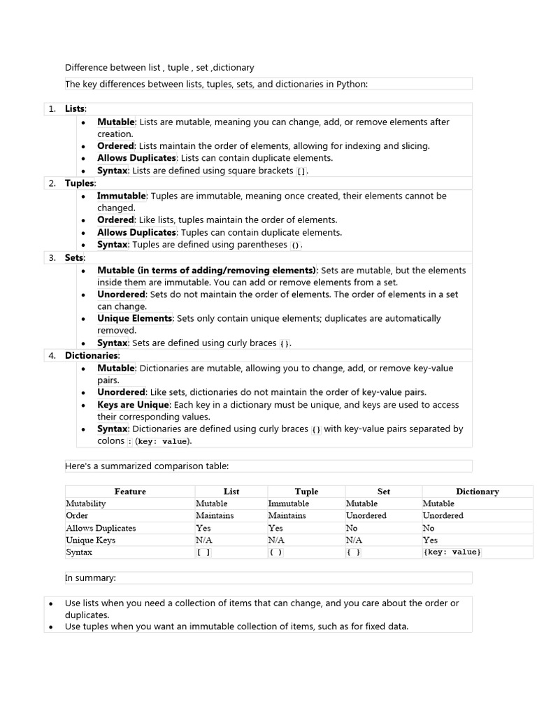 Difference Between List Tuple Set Dict Download Free Pdf Bracket Computer Science