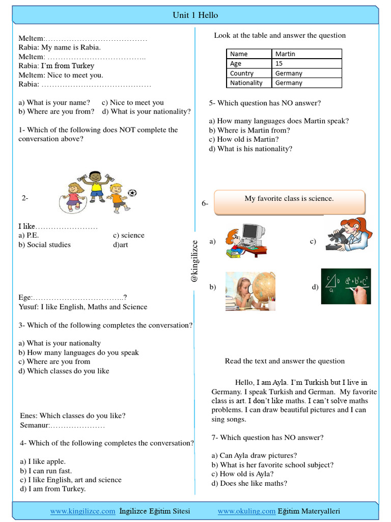 Sınıf 1. Ünite Hello Test | PDF | Science
